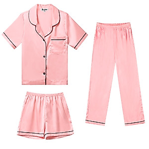 Jxstar Button Up Satin Pajamas for Girls Boys Silk Pjs Sets Kids Champagne Short Sleeve Sleepwear,4t 5t