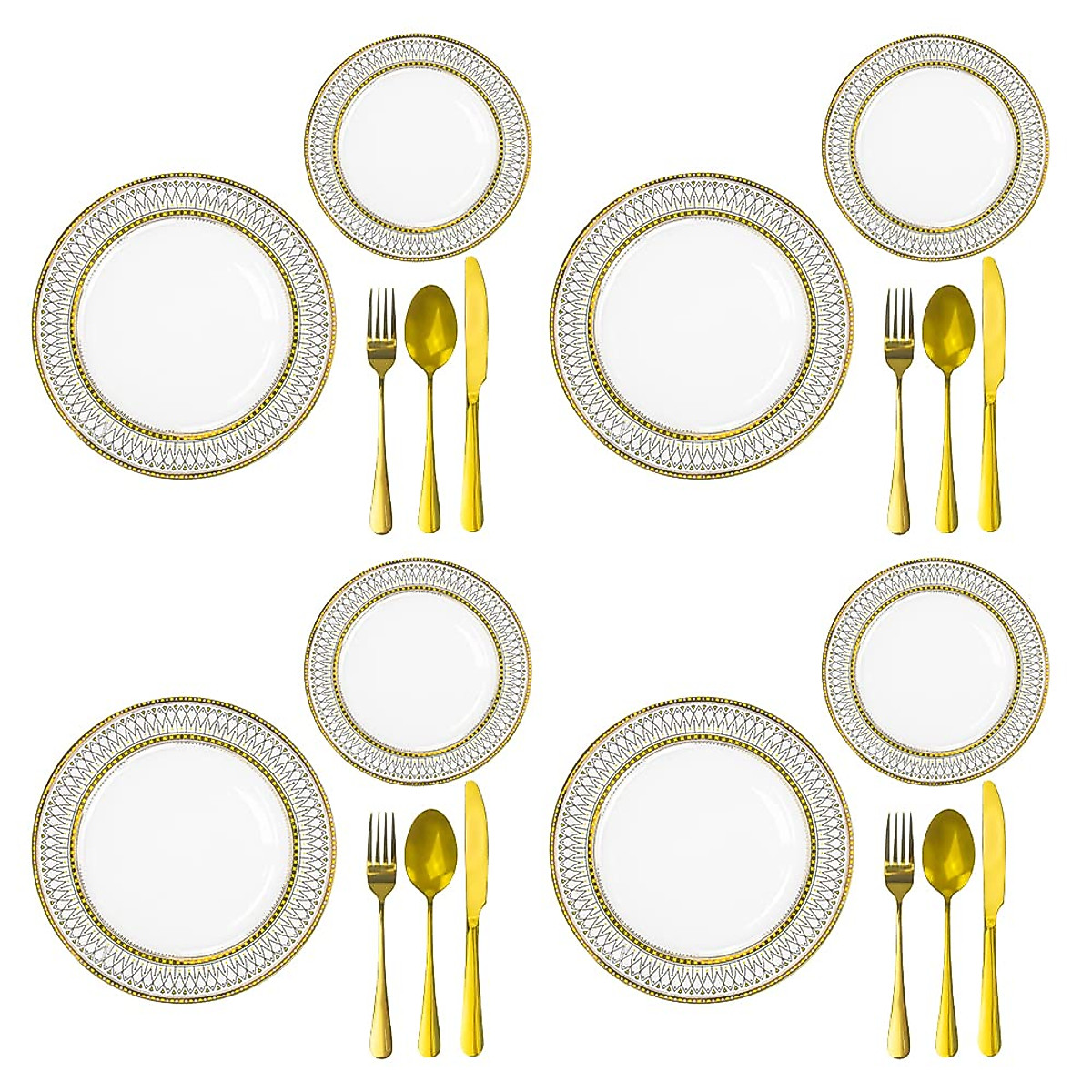 DUEBEL 4-Person Dinner Service Set, Includes 4 Ceramic Dinner Plates and 4 Ceramic Salad Plates with Gold Rim, 4 Cutlery Set for 4 Persons, Modern & Stunning Design