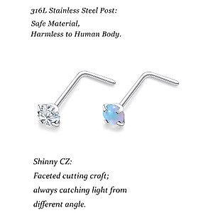 Vsnnsns 18G Opal Nose rings L Shaped Nose Studs Surgical Stainless Steel 1.5mm 2mm 2.5mm 3mm CZ Nose Rings Studs Silver Nose Rings for Women Men Girl Nose Nostrial Piercing Jewerly CZ Opal 2MM 16Pcs