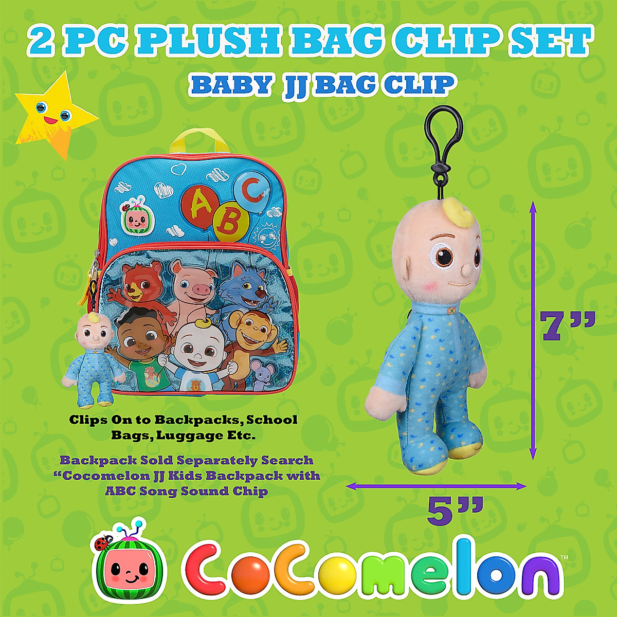 Cocomelon JJ & Watermelon Plush Bag Clip Set - Perfect Toys for Preschoolers and Toddlers