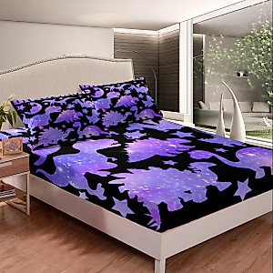 Full Size Dinosaur Bed Sheet Set Boys Girls 3D Dino Print Fitted Sheet for Kids Women Men Ultra Soft Purple Galaxy Animals Bedding Set Jungle Dino Bed Cover Room Decor