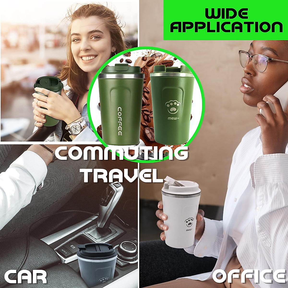 IWANGDS Leak Proof Travel Coffee Mug, Insulated Coffee Mug with Lid, Stainless Steel Vacuum Tumbler, Reusable Coffee Cup for Keep Hot Ice Drinks, 13oz Cute Mini Thermos with Cat Paw Pattern (Green*1)