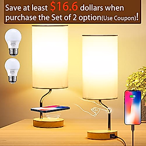 Upgraded Smart Bedside Table Lamp with Wireless Charger & USB Ports - Touch Control LED Desk Lamp for Bedroom, Dimmable Wooden Nightstand Lamp with Fabric Shade for Living Room, Kid's Room,or Office