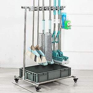 Mop Storage Racks Broom and Mop Rack Can Be Moved,Movable Floor Standing Mop Broom Holder Cleaning Tool Cart,Cleaning Tool Cart,Wet Mop Drain Rack Garden Tool Hanger Shelf with Wheels, Hanging Bro