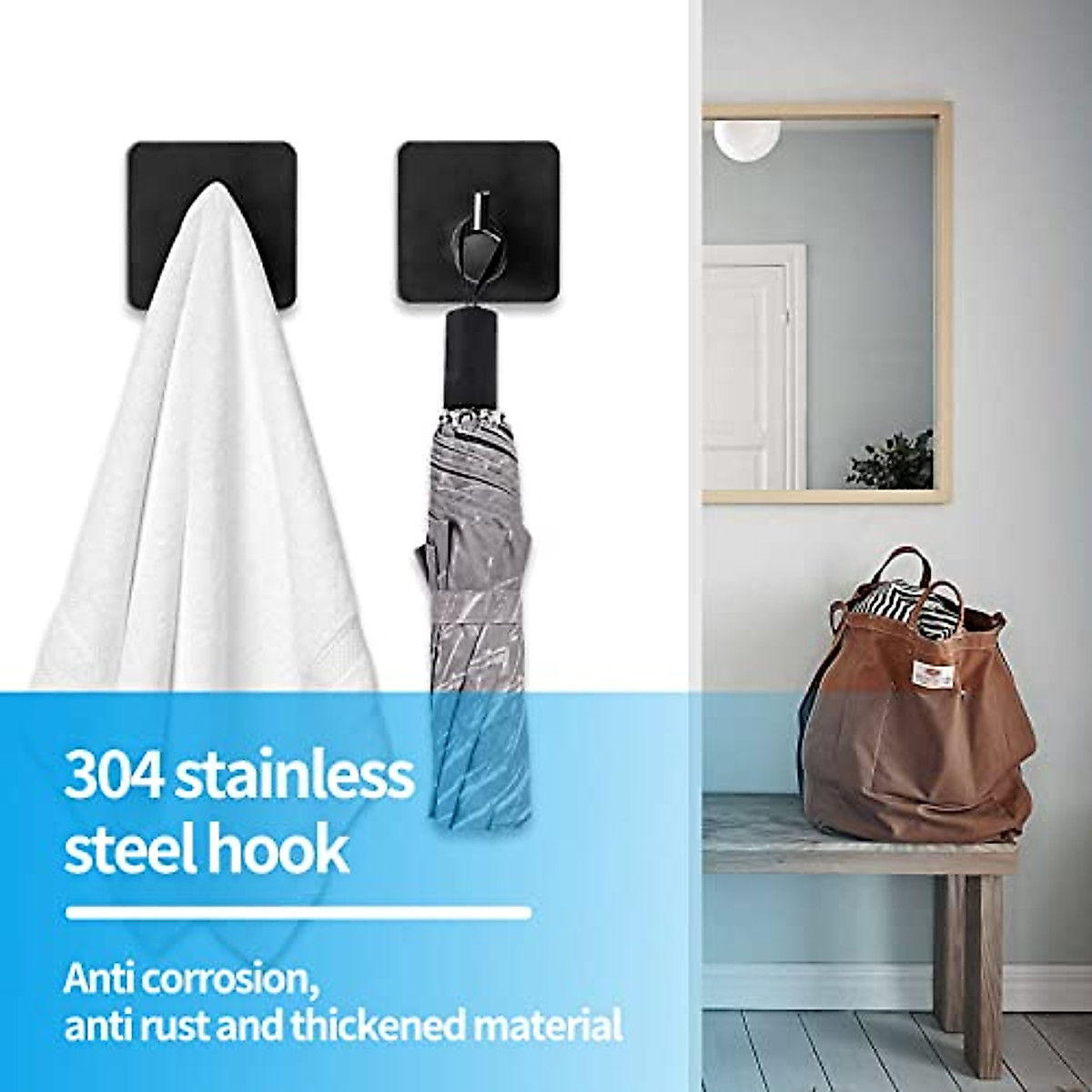 Matte Black Hook for Hanging , Heavy Duty Towel Hanger Coat or Clothes Hooks , 4 Pack Stainless Steel Adhesive Wall Hooks for Bathroom, Bedroom or Hotel