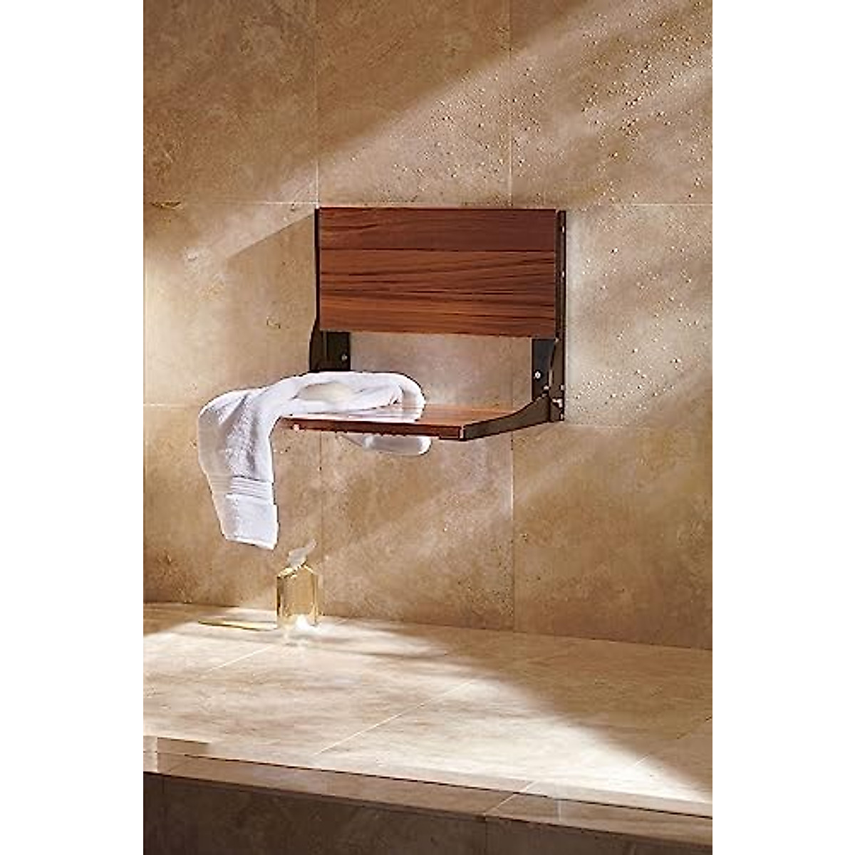 Moen Home Care Wall Mounted Old World Bronze Teak Wood Aluminum Folding Shower Seat, Wall Mounted Shower Chair, DN7110OWB
