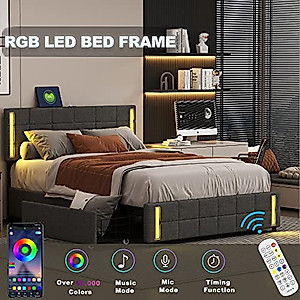 Harper & Bright Designs Queen Size Upholstered Platform Bed with LED Lights and USB Charger, Queen Storage Bed, Linen Platform Bed Frame with 4 Drawers, for Kids Teens Adults (Dark Gray)