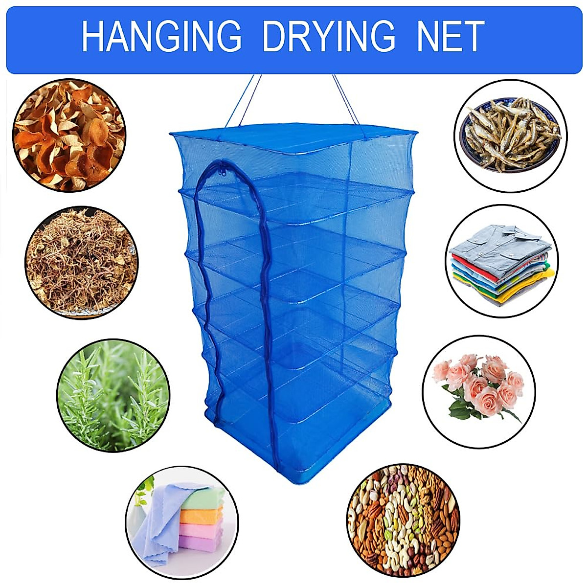 EarfnBabi Drying Rack Foldable Fishing Mesh 4 Layers Hanging Drying Fish Net Foldable Nylon Netting Dryer, for Seeds Fish Vegetables Fruit Herb Food Clothes, Zipper Opening Blue 13.77"x13.77"x23.62"