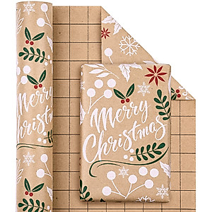 WRAPAHOLIC Kraft Christmas Wrapping Paper - Mini Roll - 17 Inch X 33 Feet - Merry Christmas Lettering with Christmas Leaves Design for Chrsitmas, Holiday, Party Celebration