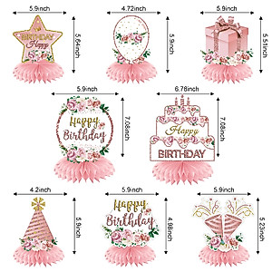 Aodocuto Pink Rose Gold Birthday Decorations Floral Honeycomb Centerpieces for Women Girls, 8pcs Floral Birthday Table Centerpieces Party Supplies, 16th 18th 21th 30th 40th 50th 60th Bday Table Topper