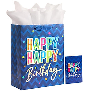 SUNCOLOR 13" Large Happy Birthday Gift Bag with Card and Tissue Paper (Blue Happy Happy Birthday)