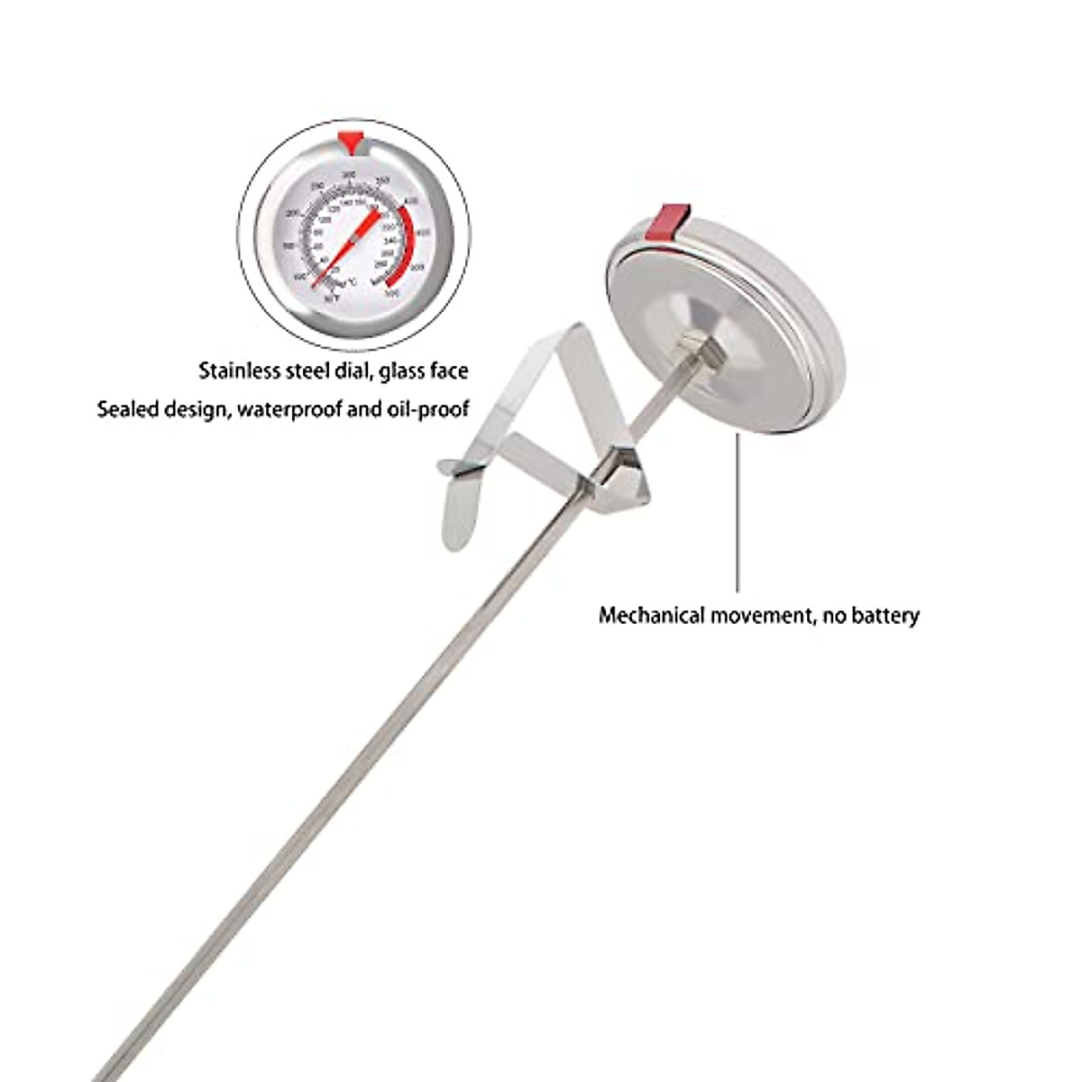 QIJING 12 inch Food Thermometer Instant readout, Long Handle with Stainless Steel Clip, no Batteries Required, Frying Thermometer for Grill, Grill Meat, Milk Foam