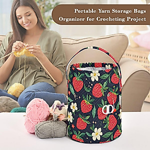 Fustylead Hand Draw Red Strawberry and Beautiful Floral Crochet Drawstring Organizer, Large Yarn Bag Storage Tote Basket for Crocheting On The Go, Kit Holder, Gift for Knitter, Crochet Beginner