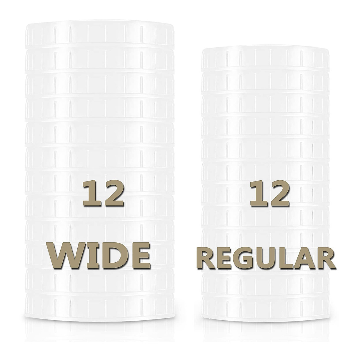 12 Wide Mouth Plastic Mason Jar Lids and 12 Regular Mouth White Canning Lids with Silicone Seals Rings Fits Ball/Kerr Jars, Leak-Proof & Anti-Scratch Surface, 24 Pack
