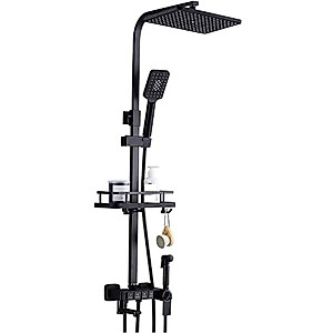 tatic Rain Shower System with Handheld,Wall Mounted Rainfall Shower Head with Shelf, Shower Faucet Set with Brass Mixer Valve and Toilet Bidet Sprayer, Black Shower Combo Kit Compatible with Ba