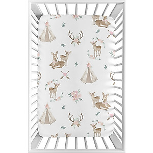 Sweet Jojo Designs Blush Pink, Mint Green and White Boho Baby Girl Fitted Mini Portable Crib Sheet for Woodland Deer Floral Collection - for Mini Crib or Pack and Play ONLY
