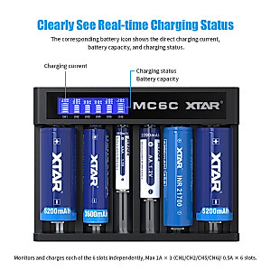 Intelligent ChargerXTAR MC6C 18650 Battery Charger with USB C & DC Dual Input 6 Slots 18650 Charger for 3.6v 3.7V Li-ion 1.2V AA AAA Rechargeable Batteries