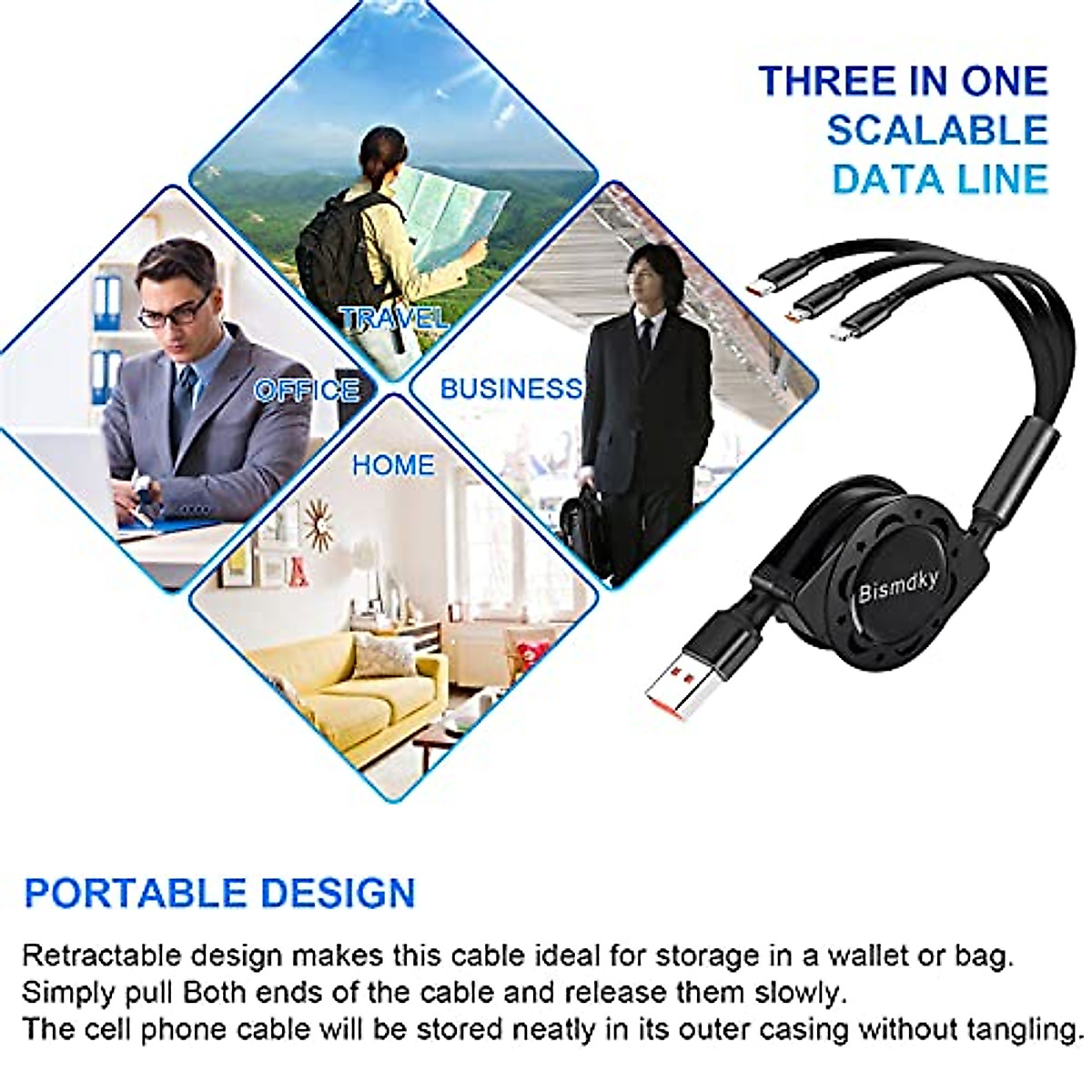 2 Pack 3 in 1 Multi USB Retractable Fast Charger Cable,Multiple ...