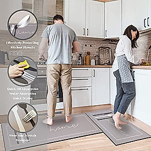 Non Skid Kitchen Rug Set 2 PCS, Waterproof Grey Kitchen Floor Mats With Kitchenware Pattern, 17"x29"+17"x47" Anti-Fatigue Comfort Kitchen Rug for Kitchen Sink, Floor, Bathroom, Office, Laundry.