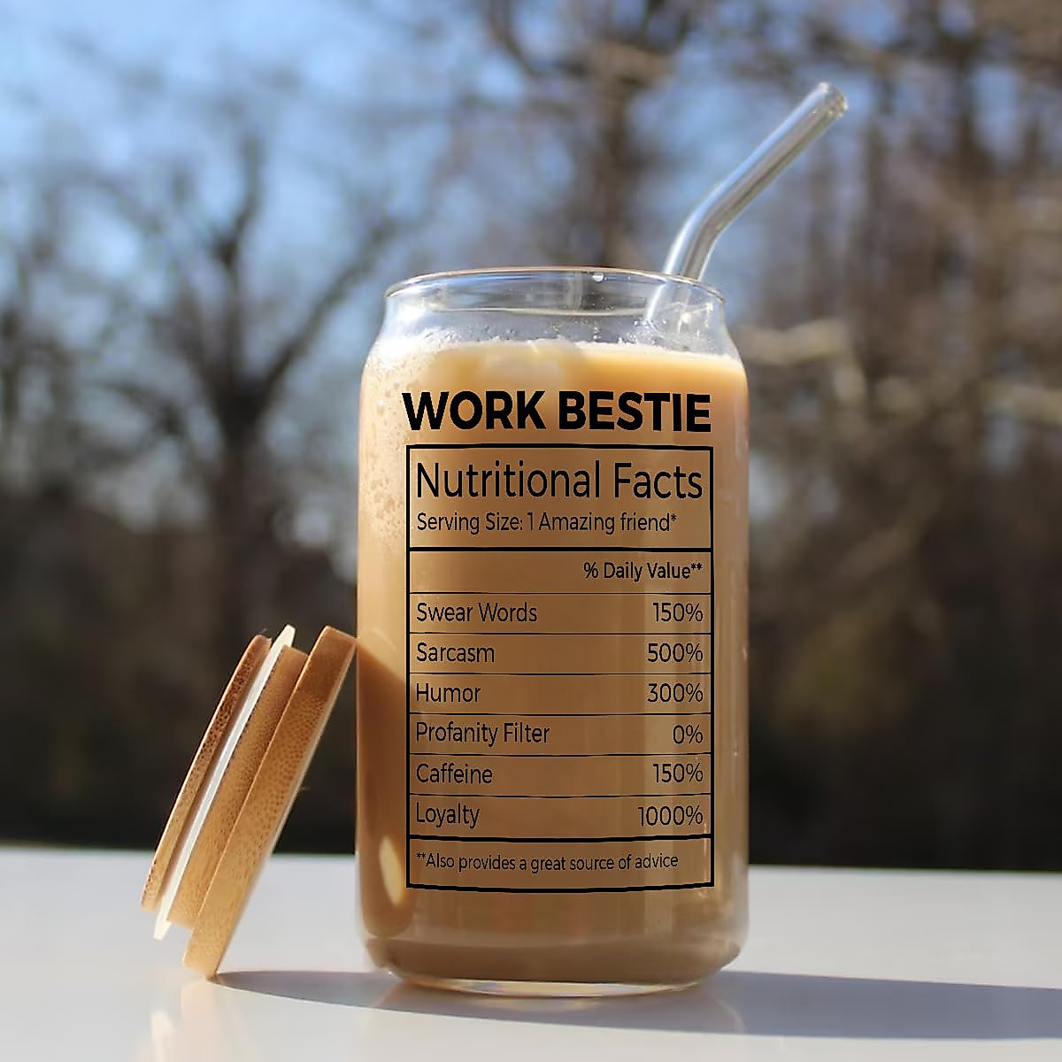 Work Bestie Nutritional Facts Glass Can with Lids And Straw- Work Bestie Definition Friendship, Funny Gift for Friend, Colleagues, Thank You Gift For Coworkers, Birthday Christmas Gifts, Iced Cup 16oz