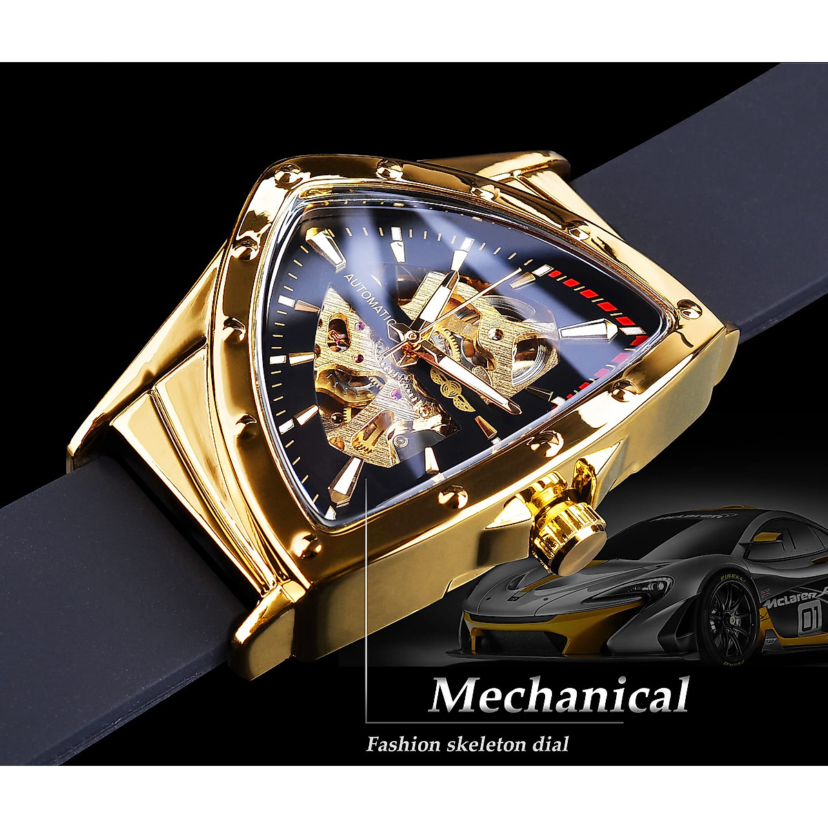 Winner Transparent Man Mechanical Watches Skeleton Dial Triangle Wrist Watch Silicone Strap Military Watch Punk Reloj Hombre