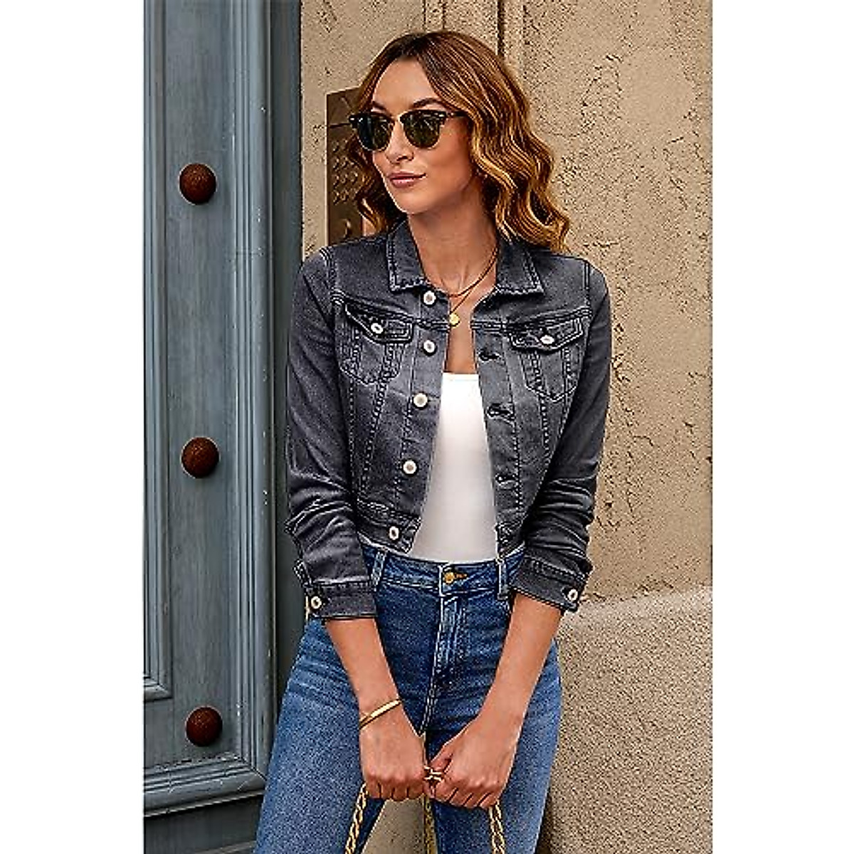 luvamia Womens Fashion Long Sleeve Button Down Stretchy Denim Jean Jacket Denim Jacket For Women Shirt Jacket Women Women Clothing Faded Black Size Small Fits Size 4 / Size 6