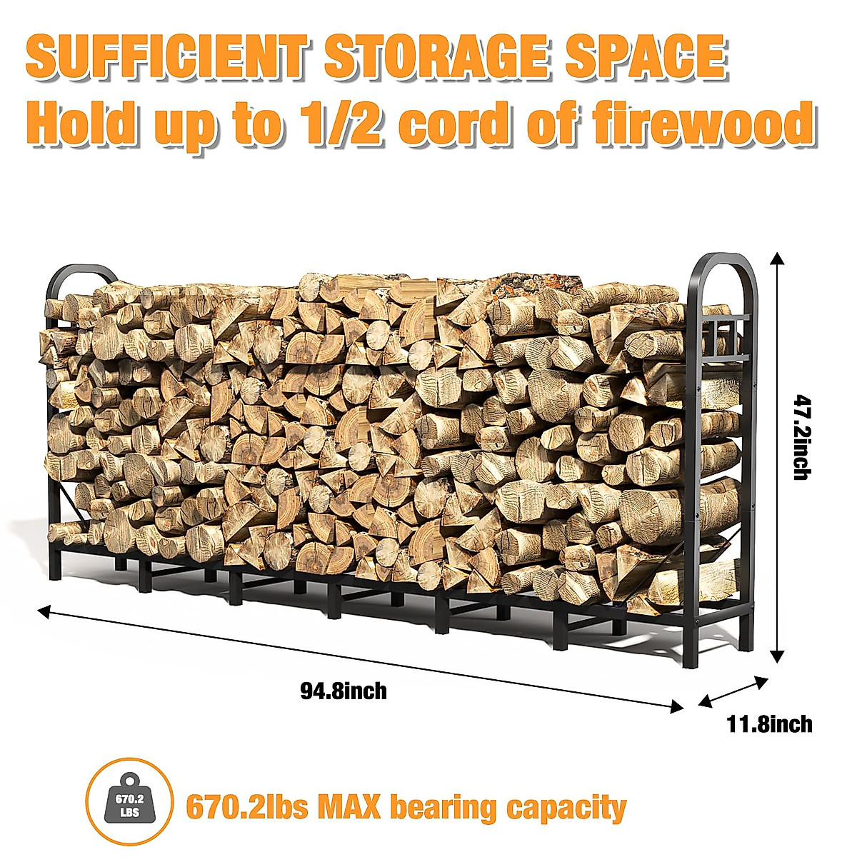 GREENER 8FT Firewood Rack Outdoor Heavy Duty Wood Rack for Firewood Indoor Log Holder for Fireplace, Fire Wood Holder Metal Lumber Storage Carrier Firewood Log Rack Stand Stacker for Patio Porch Black