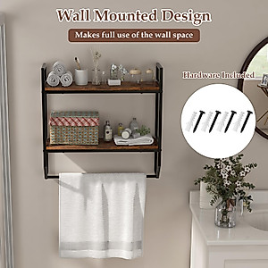 GOFLAME 2-Tier Industrial Bathroom Shelves with Towel Bar, Over The Toilet Shelf Wall Mounted with Metal Frame, Wall Storage Organizer Shelf for Bathroom, Living Room, Kitchen, Rustic Brown