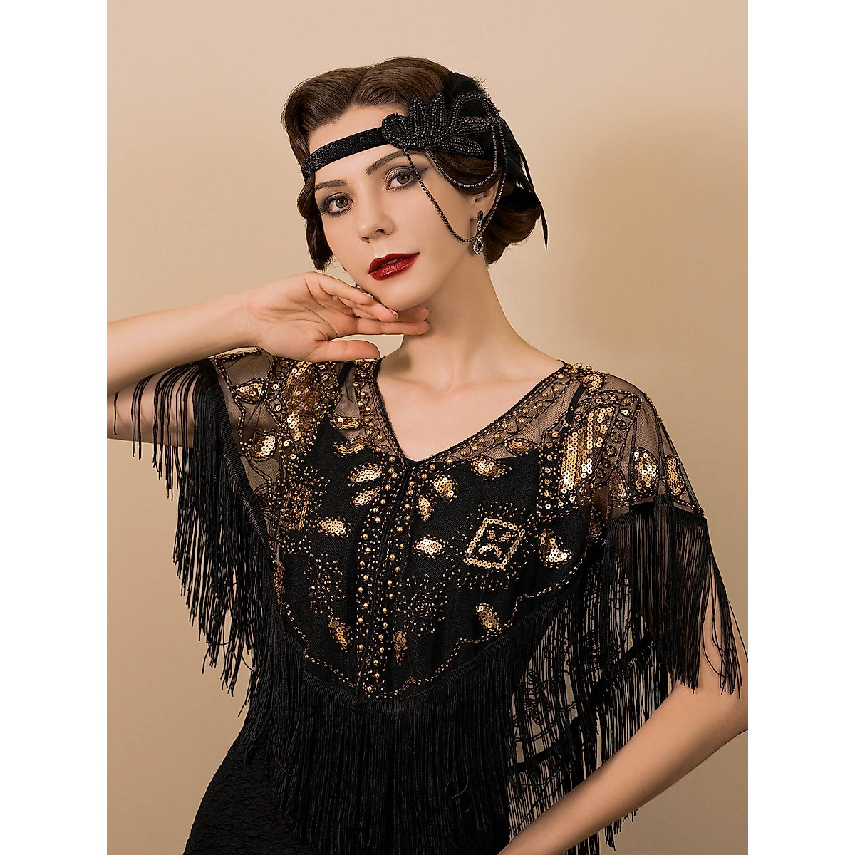 SWEETV Women's 1920s Shawl Wraps,Sequin Beaded Flapper Evening Shawls for women Formal/Party/Wedding/Formal/Harlem night,Flapper Accessories for Women,Black Gold