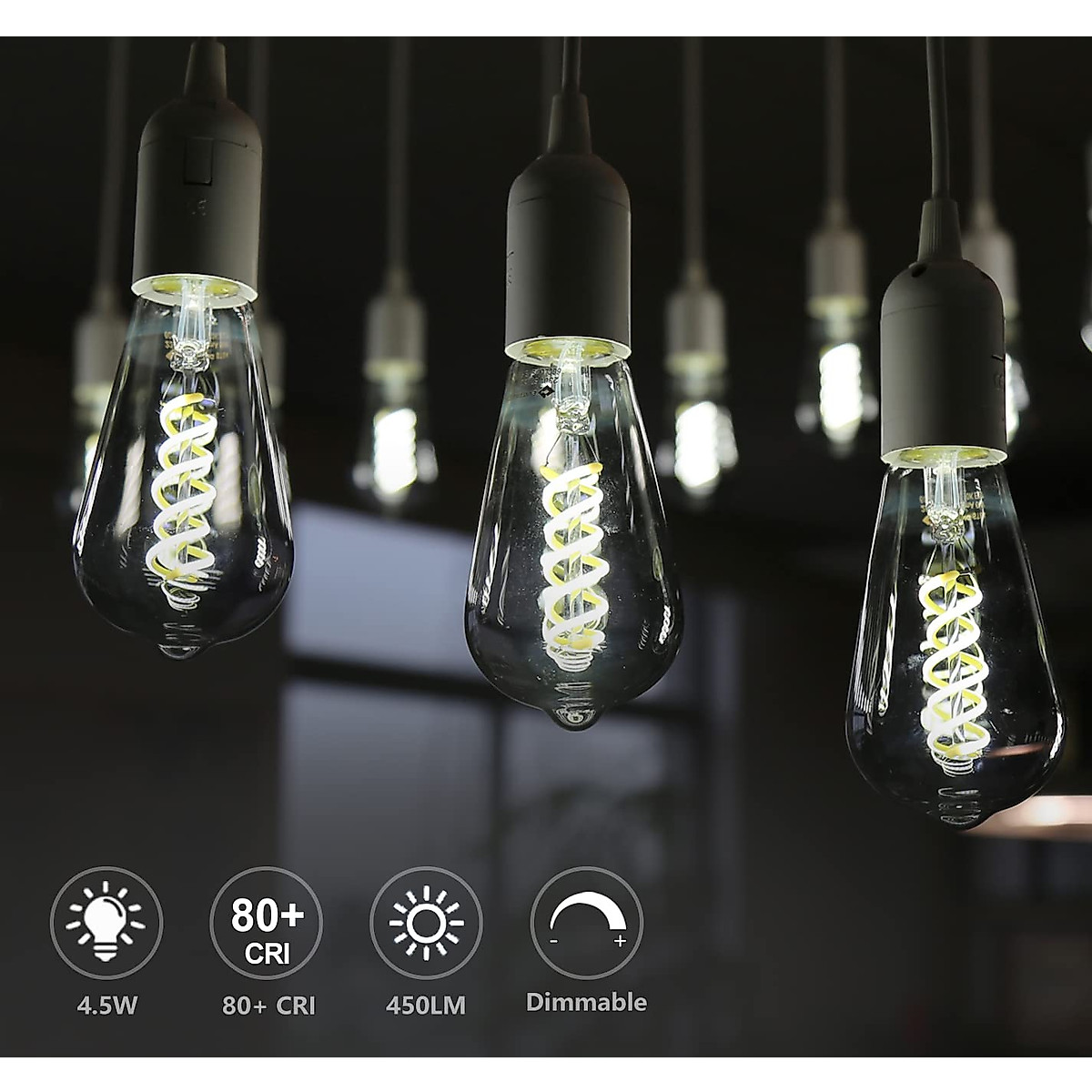 Austin Coast ST19/ST58 Vintage LED Edison Bulb,4.5W Daylight 5000K,Dimmable Flexible Spiral LED Filament Light Bulb with Smoky Grey Glass，4.5W Equivalent to 45W, E26 Base(4.5W-5000K-6 Pack)