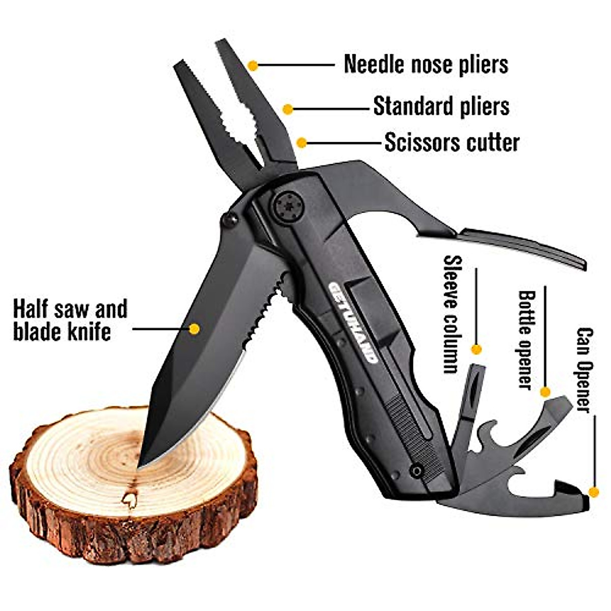 GETUHAND Multitool Pocket Knife 8-in-1 Multipurpose Tool with Folding Knife Pliers,Sheath and Bit Set Kit in Durable Black Oxide Stainless Steel for Hiker, Hunter, Solid Reliable Multipurpose Knife
