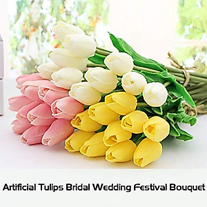HoveBeaty Artificial Tulips Bridal Wedding Festival Decor Bouquet Real Touch PU Flower Bouquet Pack of 20 (White)