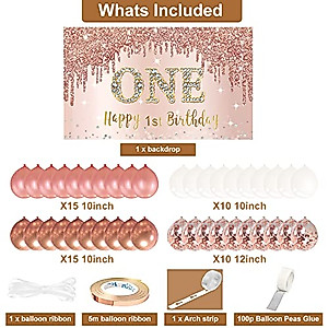 Happy 1st Birthday Banner Backdrop Decorations with Confetti Balloon Garland Arch, Rose Gold One Birthday Banner Balloon Set for Girls, Pink 1 Year Old Bday Poster Photo Booth Decor