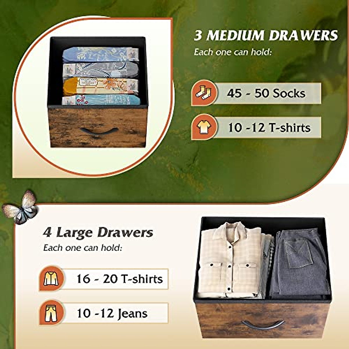 WLIVE Dresser TV Stand, Entertainment Center with Fabric Drawers, Media Console Table with Metal Frame and Wood Top for TV up to 45 inch, Chest of Drawers for Bedroom, Rustic Brown Wood Grain Print