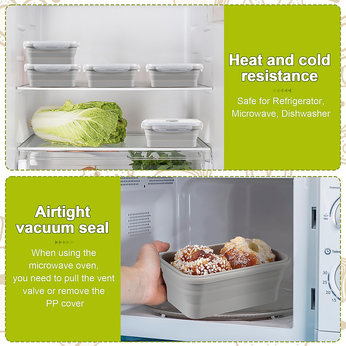 Mifoci Set of 8 Silicone Collapsible Food Storage Containers 17 oz Collapsible Meal Prep Container Square Bowl with Vent Lids, Microwave, Freezer and Dishwasher Safe(Gray)