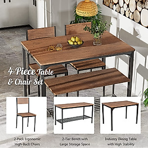 Giantex Dining Table Set for 4, Kitchen Table with Bench and Chairs, Industrial Gathering Bench Dining Set W/Metal Frame & Storage Rack, Dinette Set, Modern Functional Desk Set (Brown)