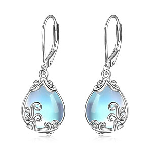 POPLYKE Moonstone Filigree Teardrop Drop Dangle Earrings Sterling Silver Leverback Earrings