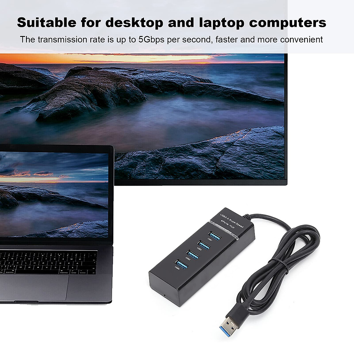 1 to 4 USB 3.0 Hub Male To Female USB Extender Adapter Cable Splitter,3.94ft Slim & Portableusb 3.0 Hub,Suitable For Desktops and PC