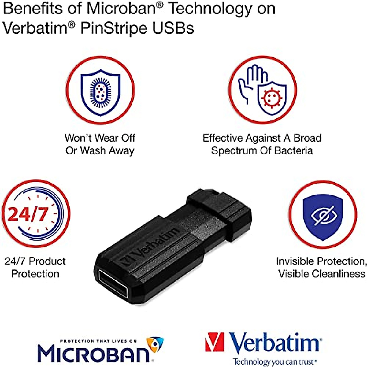 Verbatim 64GB PinStripe Retractable USB 2.0 Flash Thumb Drive with Microban Antimicrobial Product Protection – Black