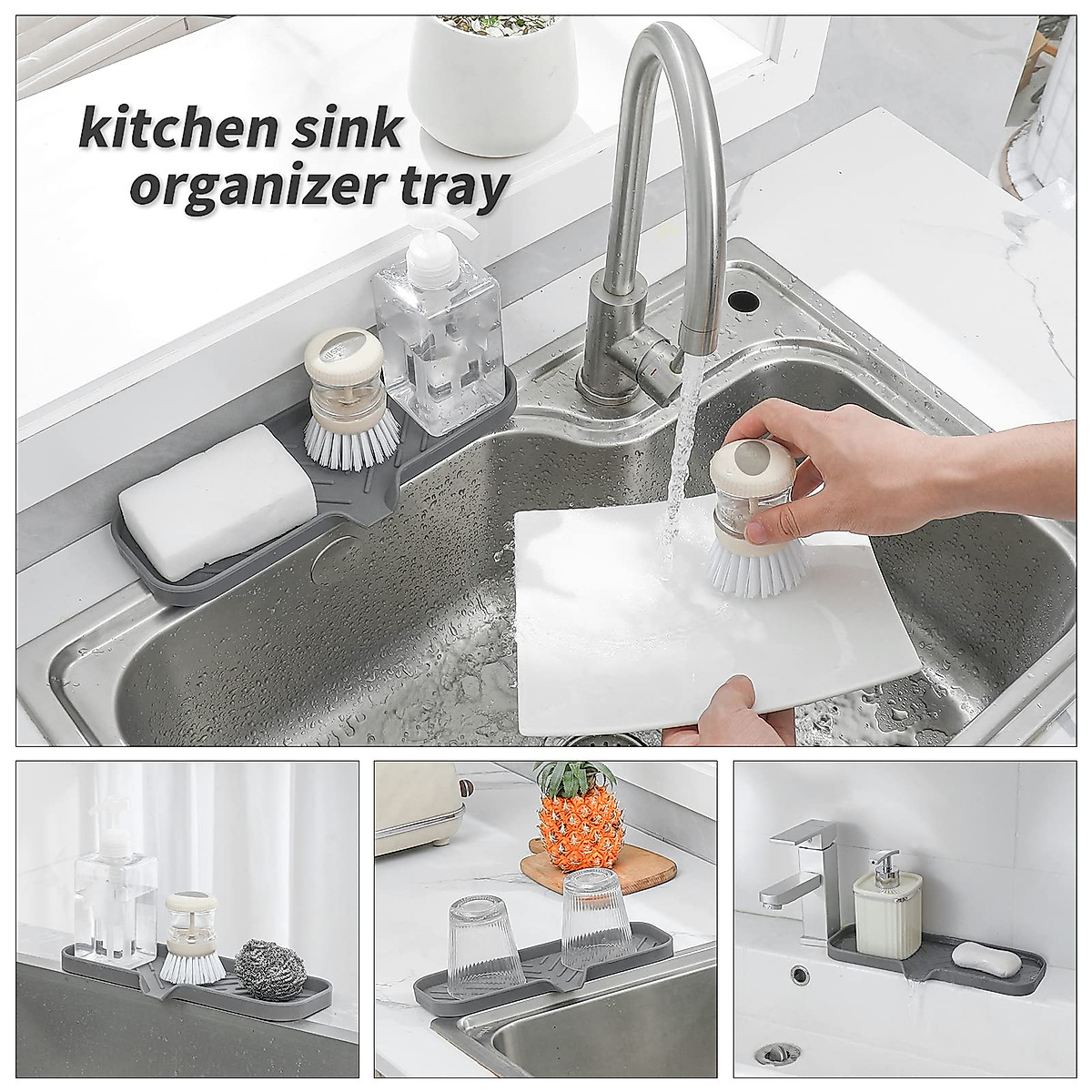 MicoYang Silicone Bathroom Soap Dishes with Drain Spout-Bathroom and Kitchen Sink Organizer,Sponge Holder,Dish Soap Tray,Perfect for Dispenser,Scrubber,Bottle,Cup on Sink or Counter-Grey 12"×4"