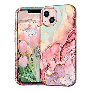 CASEFIV Compatible with iPhone 13 Case, Marble Pattern 3 in 1 Heavy Duty Shockproof Full Body Rugged Hard PC+Soft Silicone Drop Protective Girls Women Cover for iPhone 13 6.1 inch 2021, Rose Gold