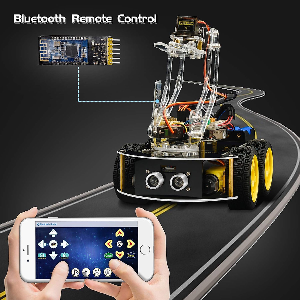 KEYESTUDIO 4WD Bluetooth Smart Car Robot Arm Building Starter Kit for Arduino ，for Uno R3 Programmable Robotics Coding Kit DIY Set for Student Adults 15+