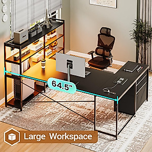 SEDETA L Shaped Gaming Desk, Reversible U Shaped Computer Desk with Power Outlet and Storage Shelves, Corner Gaming Desk with LED Lights, 3 Fabric Drawers, Black