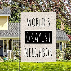 Funny Garden Flag World's Okayest Neighbor Vertical Double Sided Outdoor Indoor Decor Holiday Burlap Yard Sign Flags 12.5 x 18 Inch