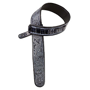 Walker & Williams DLX-282 Handmade Brushed Black Padded Guitar Strap with Embossed Tooling For Acoustic, Electric, And Bass Guitars