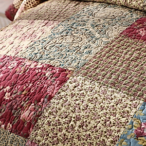 Tache Cotton Patchwork Country Farm Cottage Vintage Antique Ditsy Floral Paisley Burgundy Beige Lightweight Coverlet Fairy Tale Tea Party Quilt Set, Queen