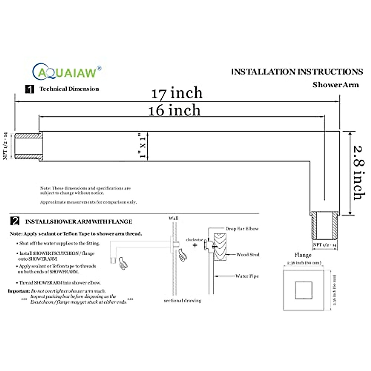 Aquaiaw Square Shower Arm and Anti-Scratch O-Ring Flange, 16 inch, Solid Brass, Soldered 90 Degree Drop, Both Soldered 1/2 NPT Tapered Threads, Wall Rain Shower Head Extension Arm (Matte Black)