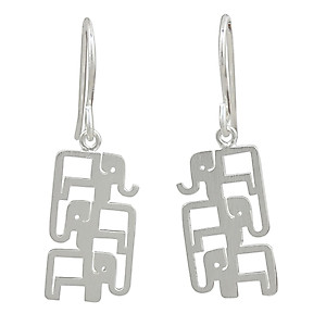 NOVICA Artisan Handmade Sterling Silver Dangle Earrings Brushed Threeelephant Thailand Animal Themed [1.3 in L x 0.4 in W] ' Elephant Pyramid'