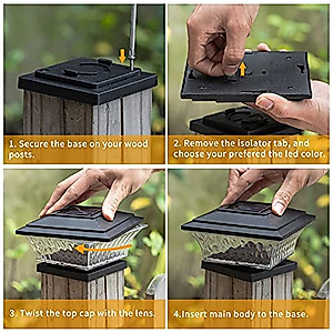 HUYIENO Solar Post Cap Lights Outdoor LED Lighting Deck Fence Cap Light Two Light Modes Warm White/Bright White Suitable for 4x4 Wooden Posts Black 4PK