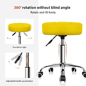KKTONER Round Rolling Stool with Wheels PU Leather Height Adjustable Swivel Drafting Work SPA Salon Stools Office Chair (Yellow)